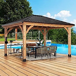 Backyard Discovery Barrington 14 ft. x 12 ft. Hip Roof Cedar Wood Gazebo, Shade, Rain, Hard Top Steel Metal Roof, All Weather Protected, Wind Resistant up to 100 mph, Holds up to 6500 lbs
