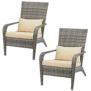 AECOJOY 2 Pieces Patio Adirondack Wicker Chair,PE Rattan Wicker Patio Dining Chair Set of 2, Grey Wicker Beige Cushion and Pillow for Garden, Backyard, Porch