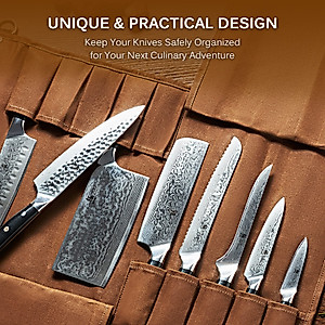 KYOKU Shogun Series Paring Knife + Chef Utility Knife + Professional Brown Chef Knife Roll Bag
