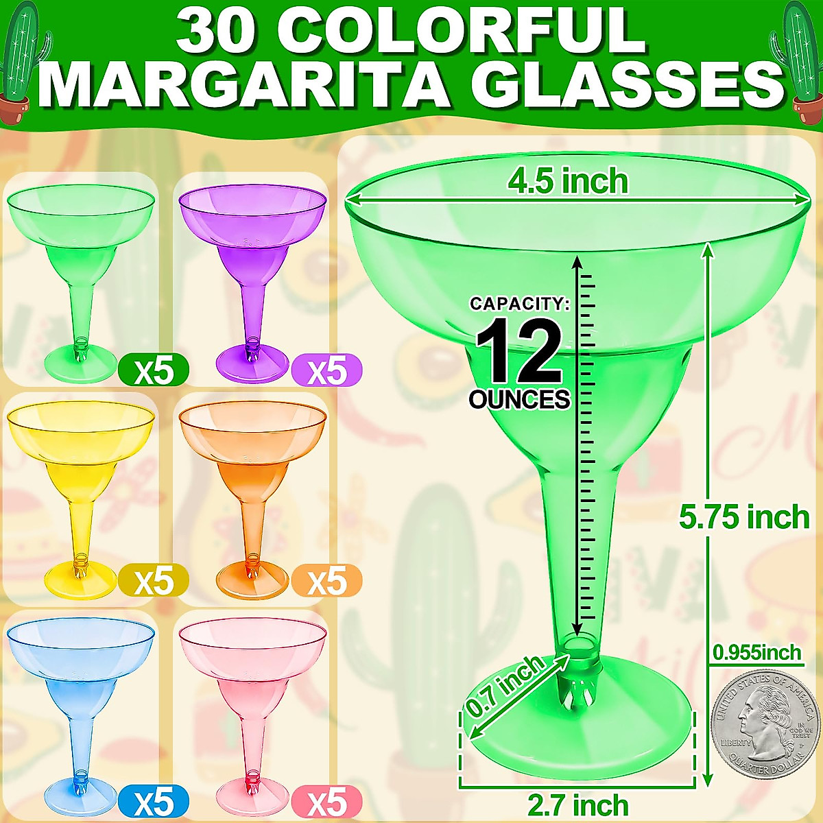 TURNMEON 30 Pack Plastic Margarita Glasses 12 oz Disposable Neon Cocktail Cups for Hawaiian Luau Party Decorations Mexican Fiesta Party Supplies Fun Taco Party Mexican Theme Party Supplies