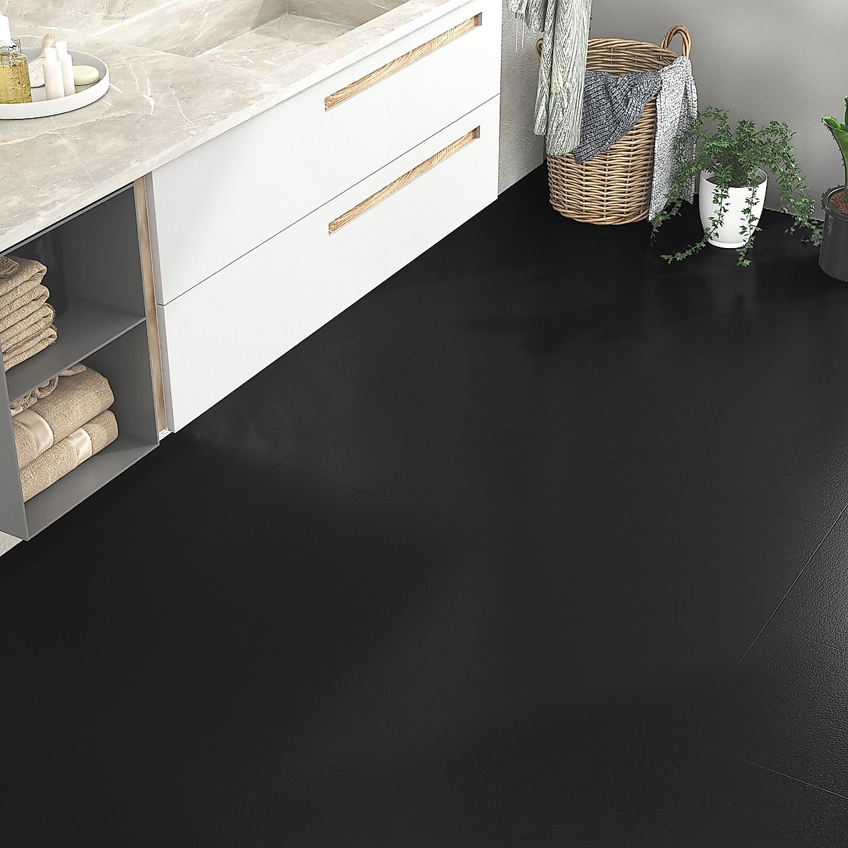 Pure Black Floor Tiles Peel and Stick Vinyl Flooring for Bathroom Kitchen 5PCS Self Adhesive Vinyl Flooring Tile Waterproof Stick and Peel Garage Floor Tiles Stick on Tiles 12''x12'' Floor Stickers