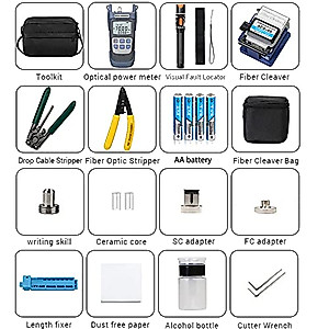 GOODOO FTTH Fiber Optic Cable Cold Connect Tools Kit Bag Visual Fault Locator Fiber Cleaver SC FC Connector Optical Power Meter Finder Cable Tester Stripper Tool Dust Free Paper Assembly Termination