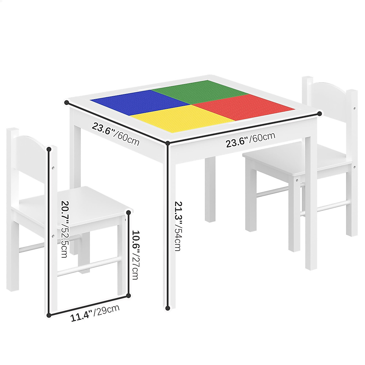 4NM 3 in 1 Kids Table Set for 2, Children Table and Chairs, Toddler Play Activity Table with Hidden Storage Wood Building Block Table Desk for Ages 3-7- Color White