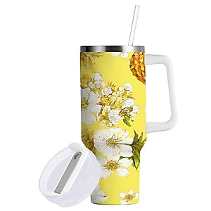 Burbuja Tropical Fruits Flowers 40oz Insulated Tumblers with Handle and Straw Lid, Double Wall Stainless Steel Travel Mug Leak-Proof, BPA Free, Gift for Mom Dad