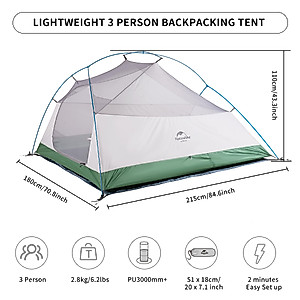 Naturehike Cloud-Up 3 Person Tent Lightweight Backpacking Tent with Footprint - 3 Season Free Standing Dome Camping Hiking Waterproof Backpack Tents