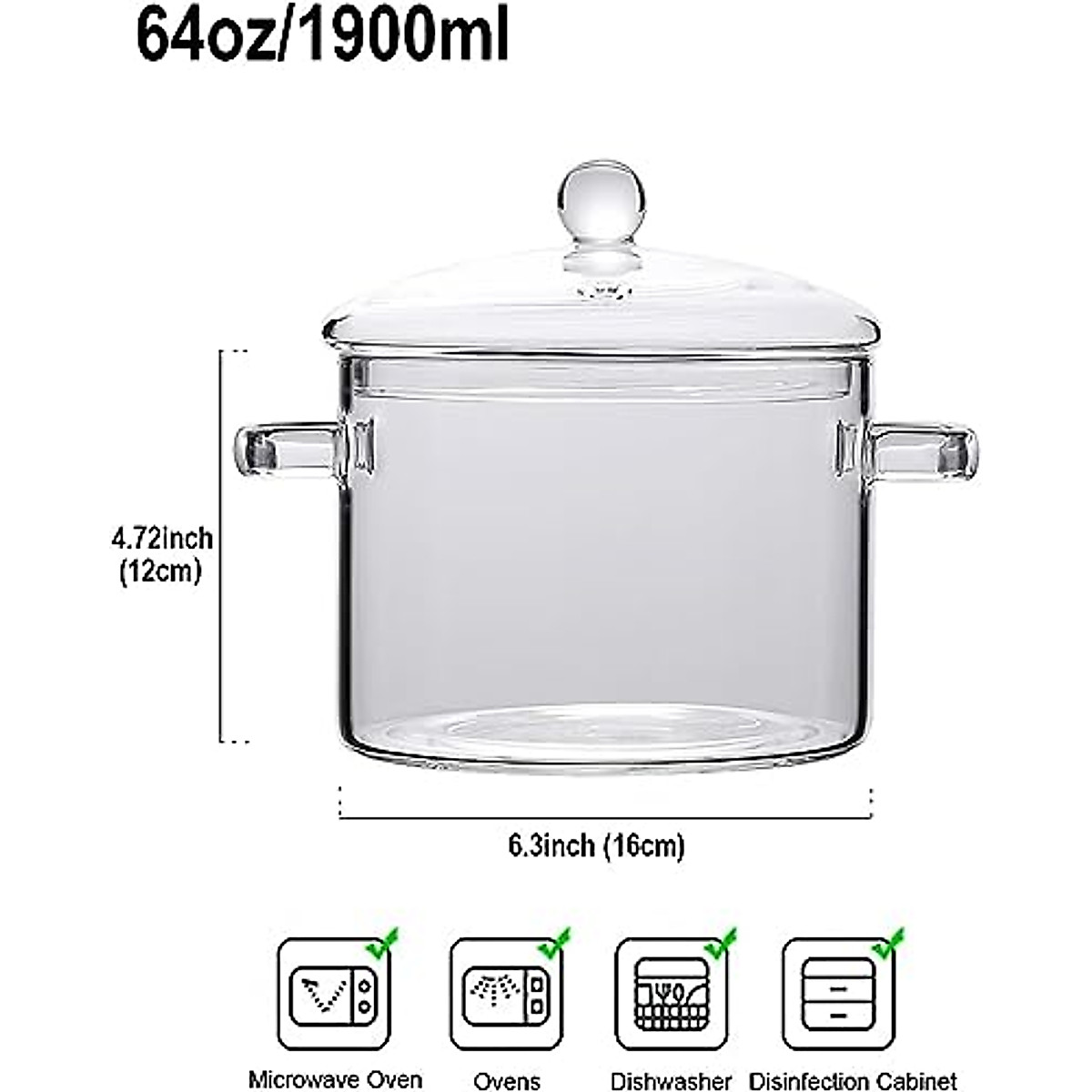 Glass Pots for Cooking on Stove, 2 Quart/64 Oz Heat-Resistant Clear Pots and Pans Set, Glass Cookware with Cover, for Fruits, Salads, Soups, Milk, and Baby Food, Easy Monitoring of Food While Cooking