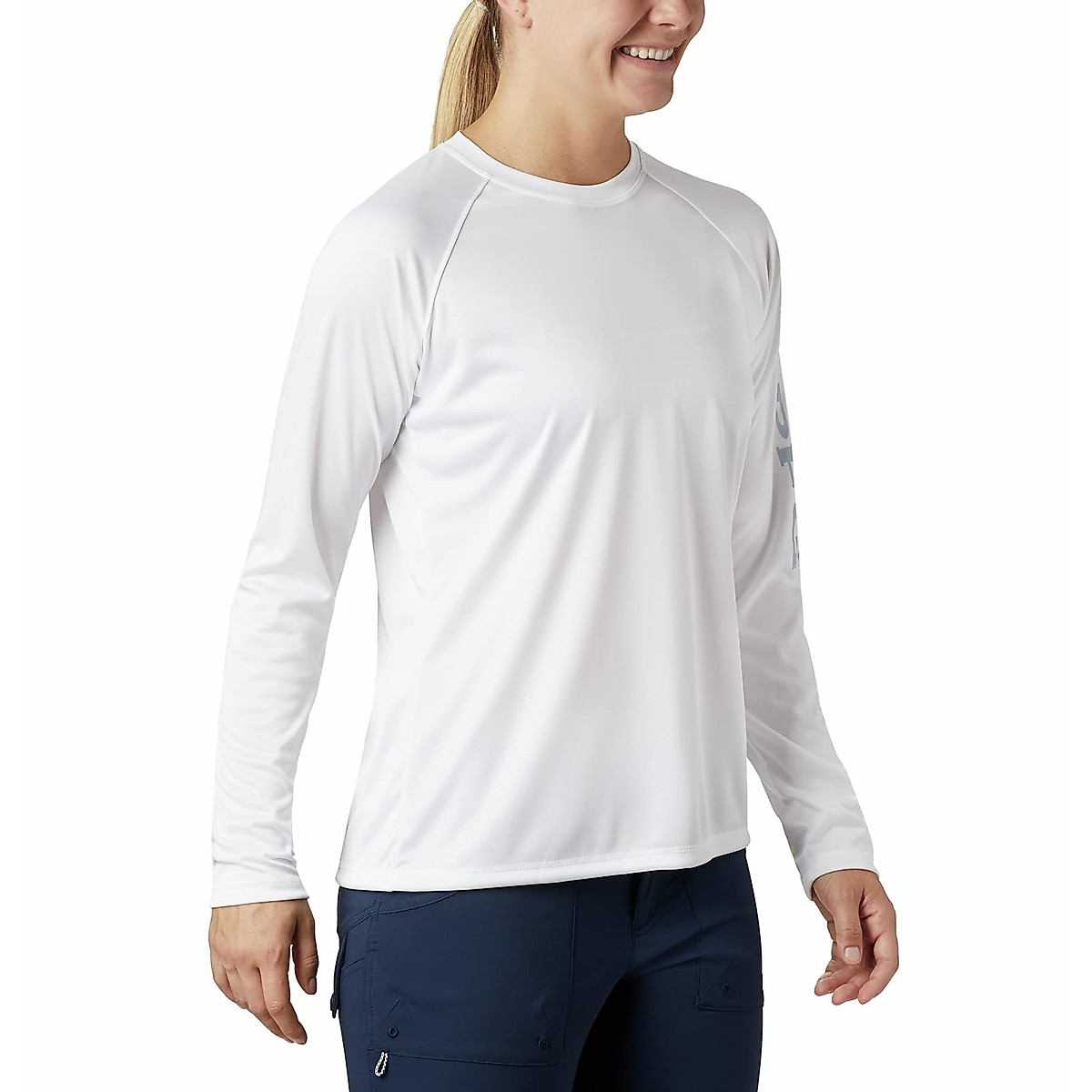 Columbia Women's Standard PFG Tidal Tee II Sun Protection Long Sleeve Shirt, White/Cirrus Grey Logo, Small