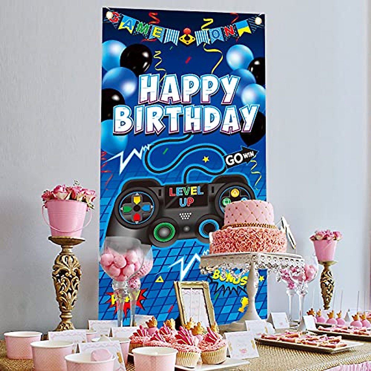 Video Game Happy Birthday Party Supplies Video Gaming Door Banner - Blue Gamer Room Door Backdrops Decor for Boy - Game Controller Themed Birthday Door Cover Decoration