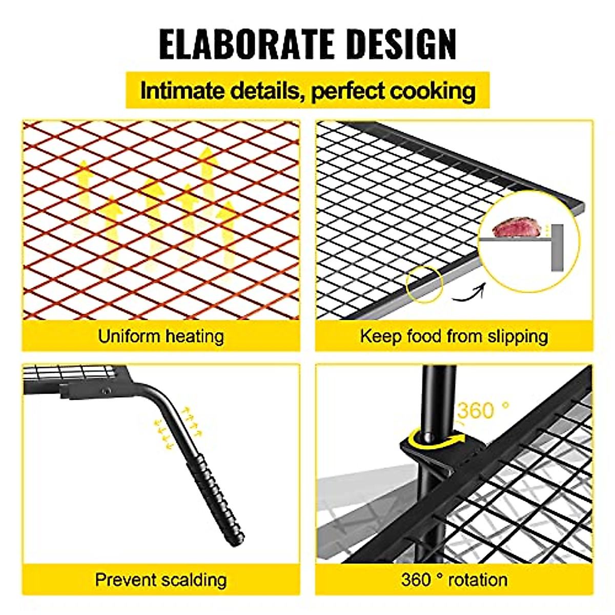 VEVOR Swivel Grill, Heavy Duty Steel Campfire Grill,Single Layer Open Fire Grill, 24" x 24" Campfire Swivel Grill with Heat Dissipation Handle, Campfire Grill Stake for Outdoor Open Flame Cooking