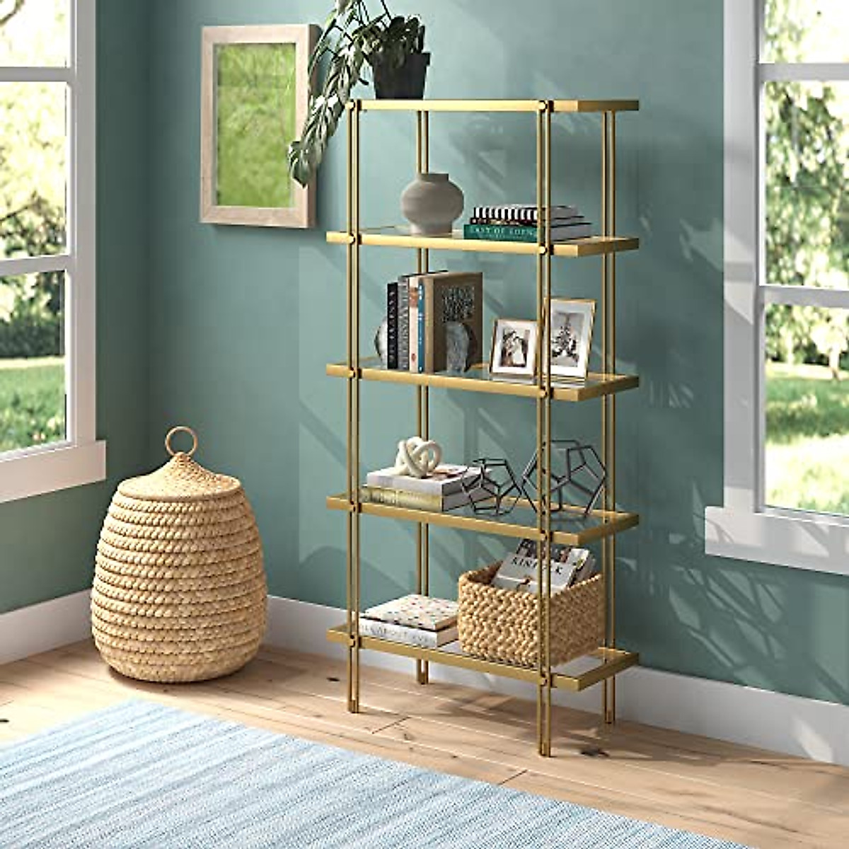 Henn&Hart 68" Tall Rectangular Bookcase in Brass, for Home Office, Living Room