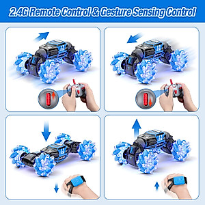 Powerextra LED Gesture Rc Car, 4WD 2.4GHz Remote Control Gesture Sensing Car, Double Sided 360° Rotating Transform Off Road Rc Stunt Car with Lights & Dance for 6-12 Year Old Boys & Girls