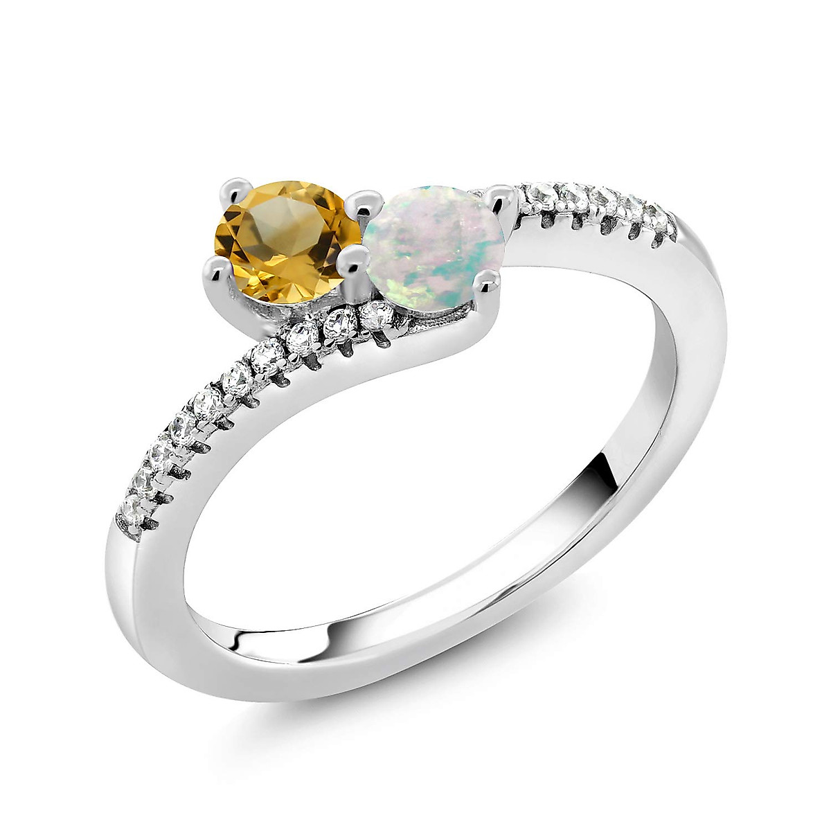 Gem Stone King 925 Sterling Silver Yellow Citrine and White Opal Bypass Ring For Women (0.75 Cttw, Gemstone November Birthstone, Round 4MM, Available In Size 5, 6, 7, 8, 9)