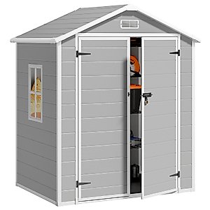Gizoon Outdoor Storage Shed, 6x4 FT Resin Shed with Floor, Plastic Garden Tool Sheds with Lockable Door for Patio Backyard Lawn Pool, Gray