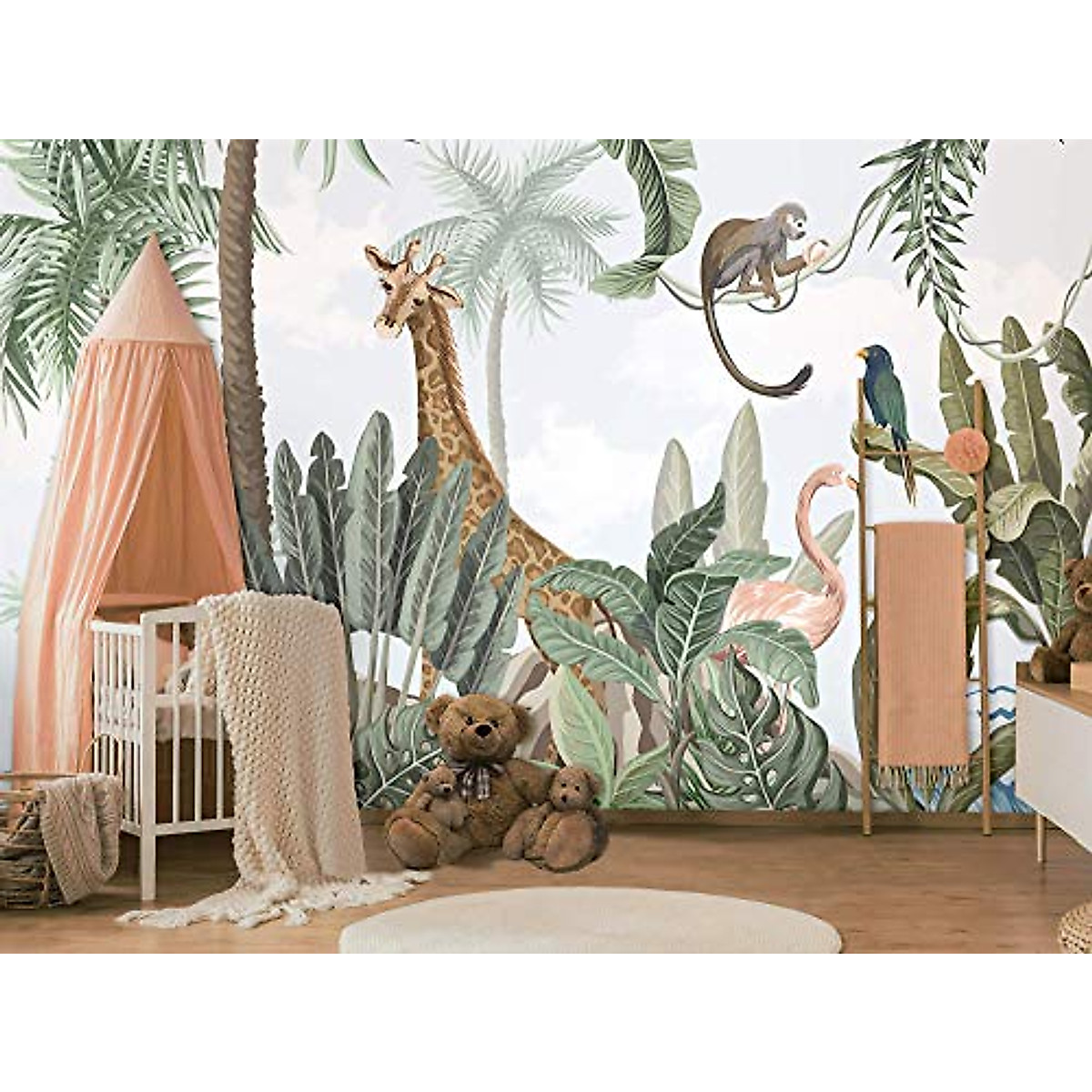 Murwall Kids Wallpaper Safari Animals Wall Mural Pink Flamingo and Cute Giraffe Wall Print for Childroom Forest Wall Art Kidsroom