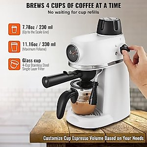 VEVOR Espresso Machine, 3.5 Bar Espresso Maker with Milk Frother Steam Wand, 4-Cup Professional Coffee/Espresso Machine with Temp Gauge for Latte Cappuccino, NTC Control System