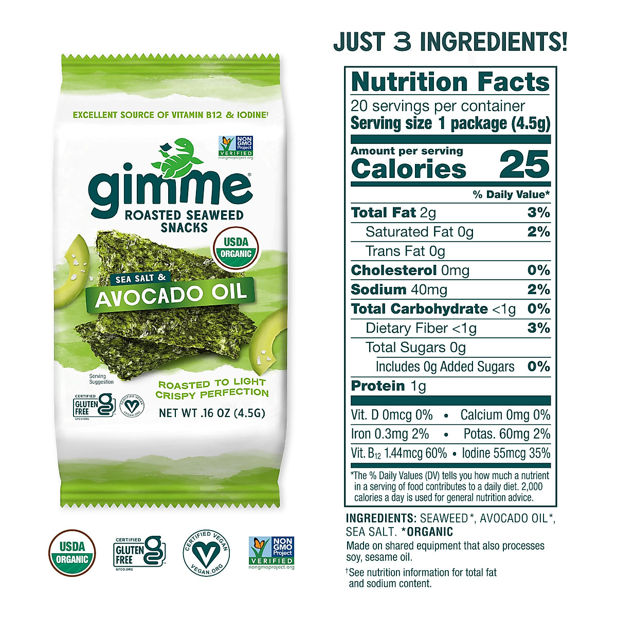Gimme Seaweed Organic Premium Roasted Seaweed Snacks, Sea Salt & Avocado Oil, 20 Count, Keto, Vegan, Gluten-Free, Great Source of Omega3s and Iodine, Healthy On-The-Go Snack for Kids and Adults