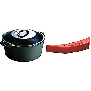 Lodge L8DOLKPLT Cast Iron Dutch Oven with Dual Handles, Pre-Seasoned, 5-Quart & ASAHH41 Silicone Assist Handle Holder, Red
