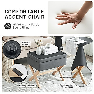 Furniliving Linen Storage Ottoman Square Ottoman Button-Tufted Foot Stool with Wooden X Legs, Modern Footrest Rectangle Vanity Stool, Makeup Stool for Living Room, Bedroom (Grey)