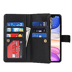 Jaorty iPhone 11 Phone Case Wallet for Women, iPhone 11 Case with Card Holder, Crossbody Case with Credit Card Holders and Slots Zipper Lanyard Strap Leather Cases for Men,6.1 Inch Black