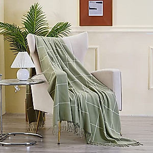 Bangya Acrylic Plaid Throw Blanket with Decorative Fringe for Travel，Bed, Sofa, Couch,Office (Green, 50inch x 60inch)