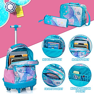 VLIVE Rolling Backpack Set for Girls, Wheeled Kid Backpack w/Lunch Bag & Pencil Case, 20 Inch (Mermaid)