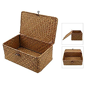 Hemoton Ottoman Tray Seagrass Storage Baskets with Lid Seaweed Woven Storage Box Laundry Hampers Desktop Sundry Organizer for Clothes Washing Sorting Picnic Size Baby Toy Storage Organizer