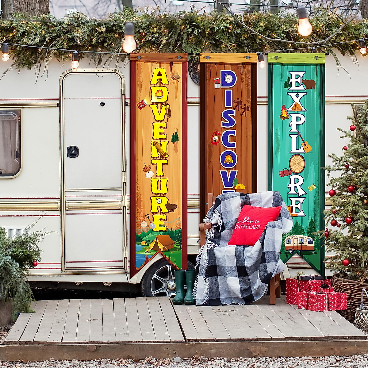 Chiisong 3 Pcs Camping Party Banners Camping Door Porch Sign Camping Party Decoration Camper Adventure Sign Welcome Camping Banner for Camping Theme Birthday Party Classroom Campsite Decorations