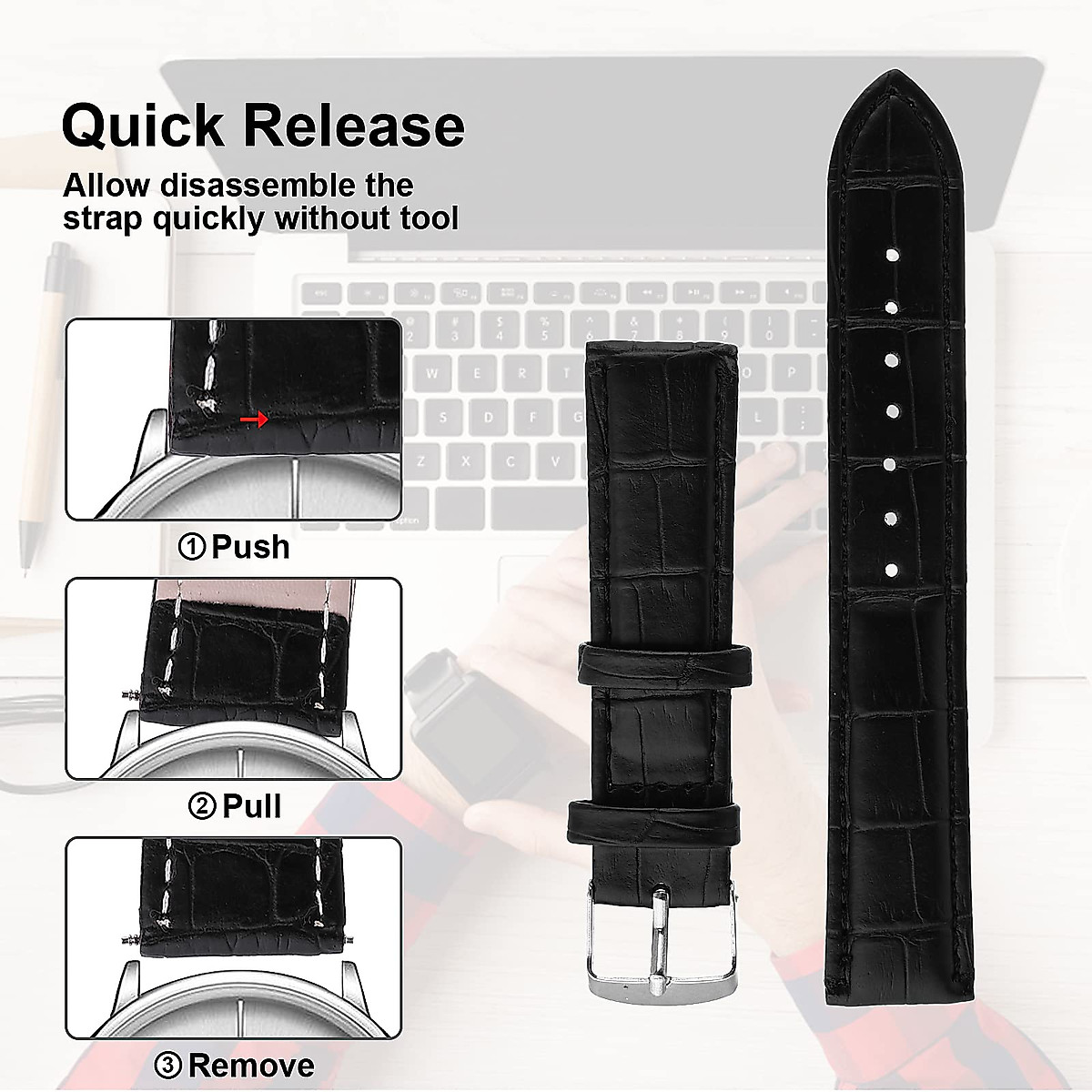 TIESOME Quick Release Leather Watch Bands, Replacement Leather Watch Strap for Men Women - 18mm 20mm 22mm (22mm, Black)