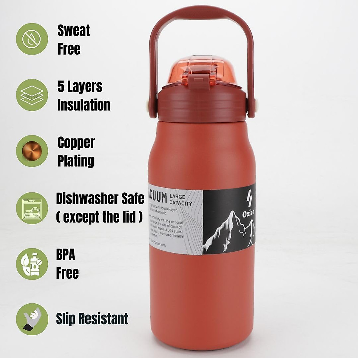 Insulated Water Bottle, 44 oz Thermos with Handle, Stainless Steel Water Bottle with Straw, Ozizo Thermos with Leakproof Lid