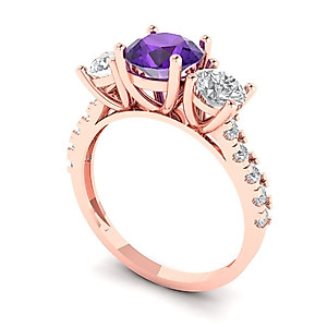 Clara Pucci 2 ct Round Cut Solitaire 3 stone accent Natural Amethyst gemstone Designer Anniversary Bridal Engagement Ring 14k Rose Gold