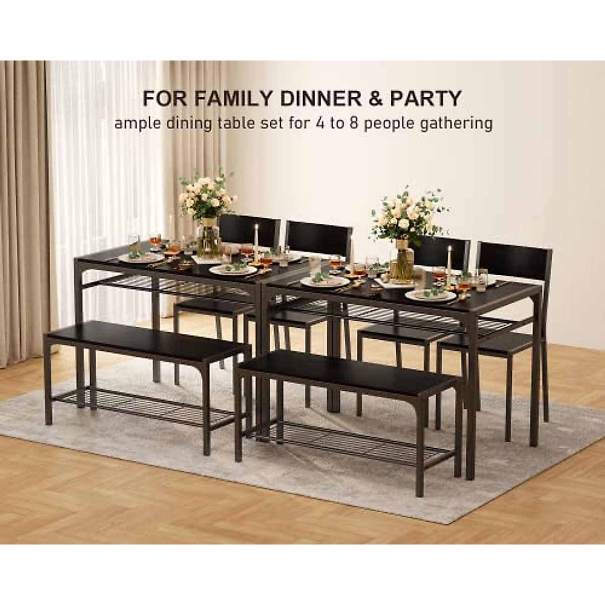 Gizoon Kitchen Table and 2 Chairs for 4 with Bench, 4 Piece Dining Table Set for Small Space, Apartment, Black