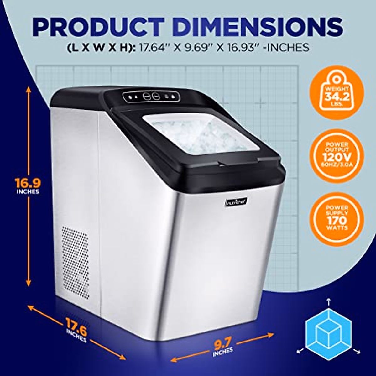 NutriChef Countertop Nugget Ice Maker Machine - Electric Nugget Ice Maker Countertop with Ice Scoop and Basket, Includes Rear-Mounted Hose Drainage, Compact, Convenient, and Incredibly Fast - NCICNUG