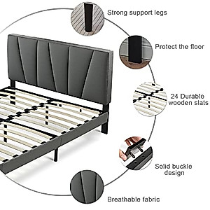 IYEE NATURE Full Size Platform Bed Frame with Headboard and Wood Slat Support, Full Bed for Large Storage Space/Mattress Foundation/No Box Spring Needed/Easy Assembly, Grey