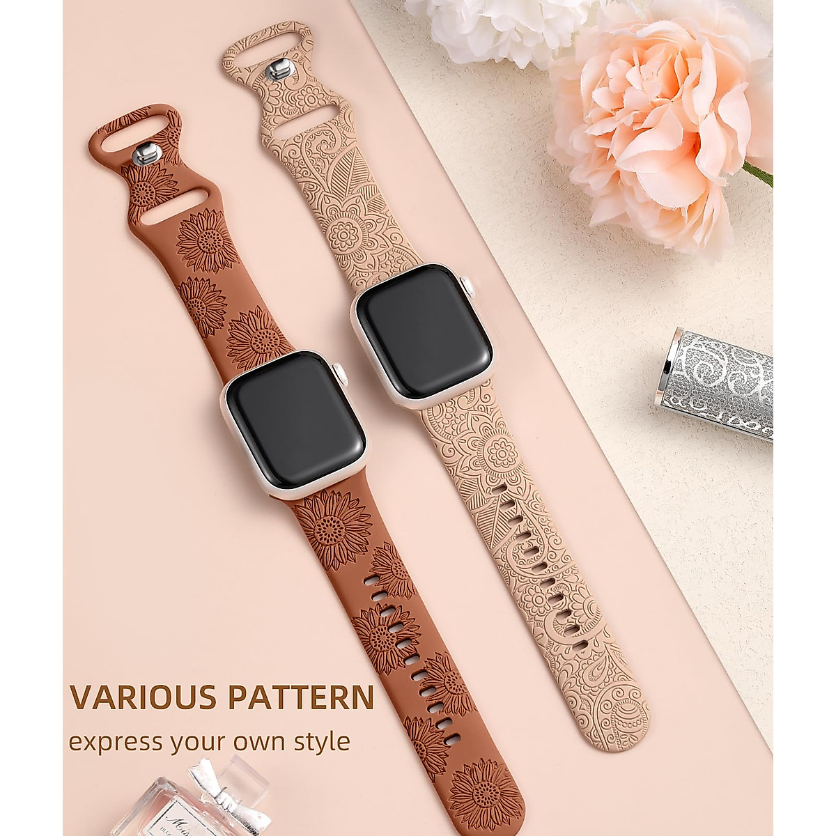 Odbeai Floral Engraved Band Compatible with Apple Watch Bands for Women 38mm 40mm 41mm 42mm 44mm 45mm 46mm 49mm,Soft Silicone Cute Pattern Sport Strap for iWatch Bands Women Series 10 9-1 SE Ultra1/2