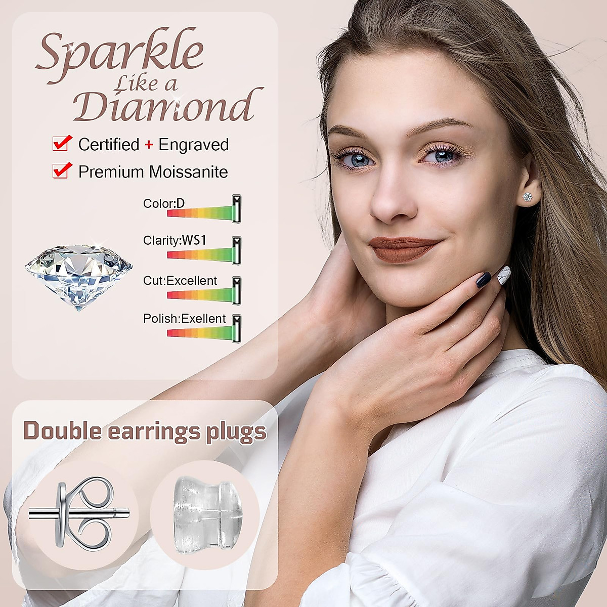 Moissanite Stud Earrings for Women Men, 1-6CT 6-Prong D Color Ideal Cut Lab Created Diamond Earrings with Certificate of Authenticity (3CT)