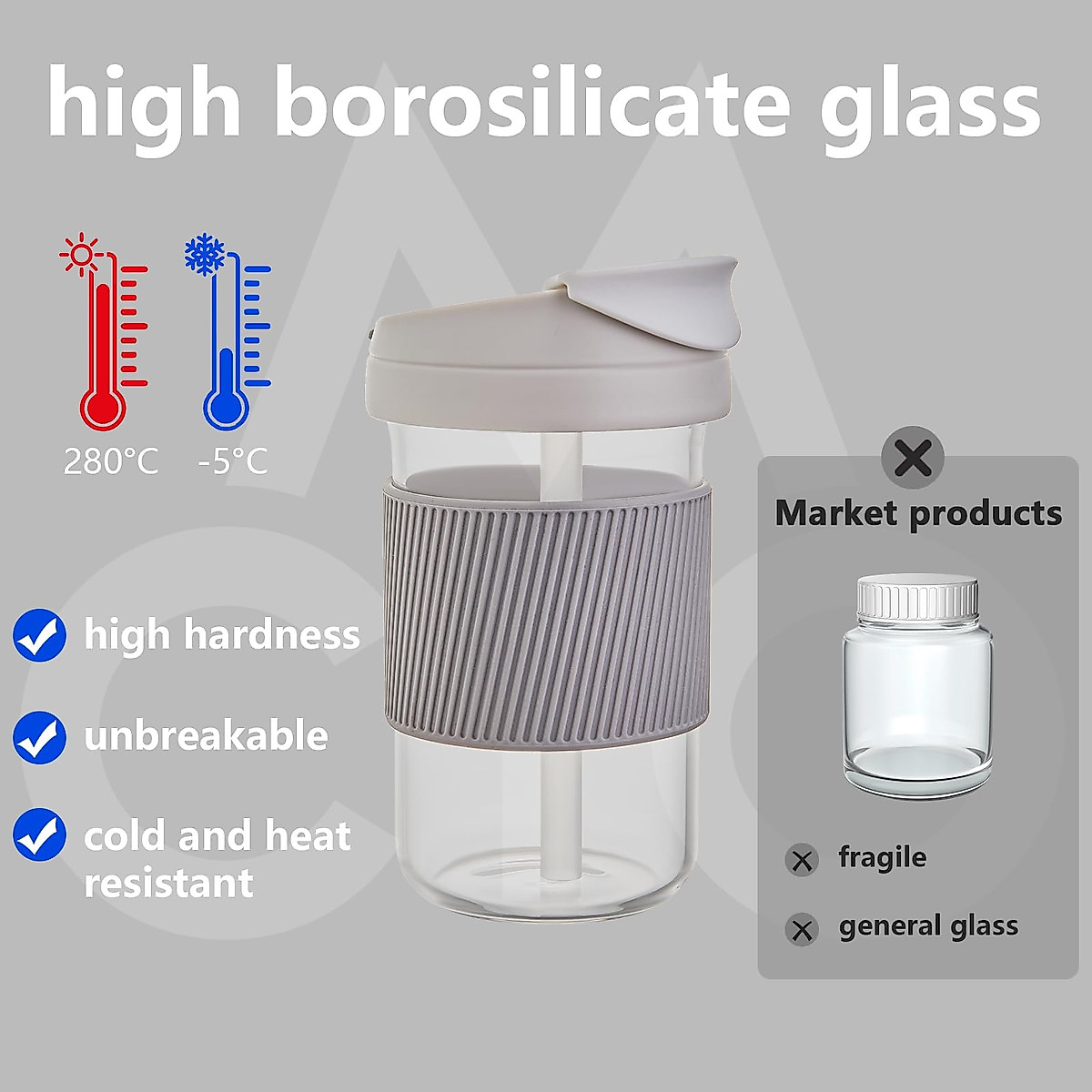 COMI Glass Travel Coffee Tumbler, Smoothie Cup Travel Dual-use Glass Coffee Cups with Lids Coffee Travel Cup with straw - 12 oz - Ash Grey