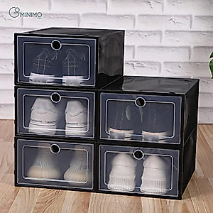 GOMINIMO 12 Pack Clear Durable Black Plastic Shoe Boxes Stackable Storage Bins Rack Organizer Containers with Lids