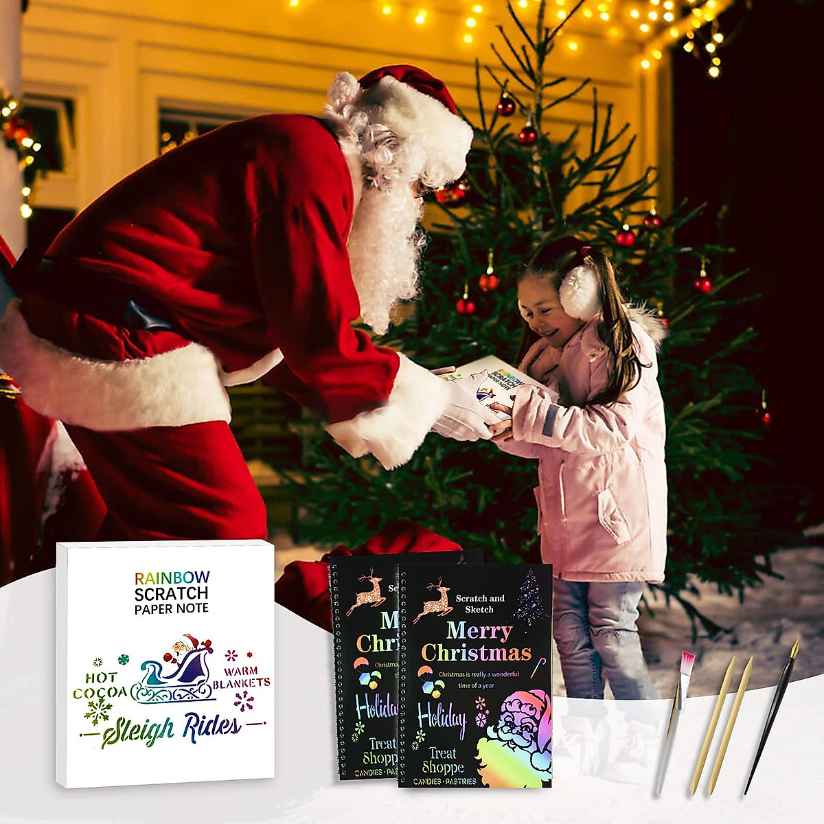 Christmas Scratch Paper Art Notebooks, 24 Piece Set of 14 Sheets Rainbow Magic Scratch Off Paper, 10 x 7 Inches, with 6 Xmas Stencils, 3 Scratcher Sticks, and 1 Cleaning Brush for Kid, Adult and more