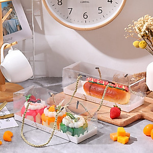 Irenare 30 Pcs Clear Cake Box with Handles Bakery Clear Pastry Cookies Candy Box Rectangular Plastic Cake Roll Container Portable Treat Dessert Gift Boxes for Cupcake, 8.86 x 3.07 x 3.07 Inch (Gold)