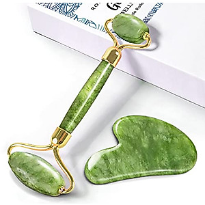 ROSELYNBOUTIQUE Gua Sha & Massage Stick Face Roller for Face - Certified Jade Natural Healing Crystal Self Care Gifts - Facial Skin Care Tools Relaxing Relieve Wrinkles (Green)