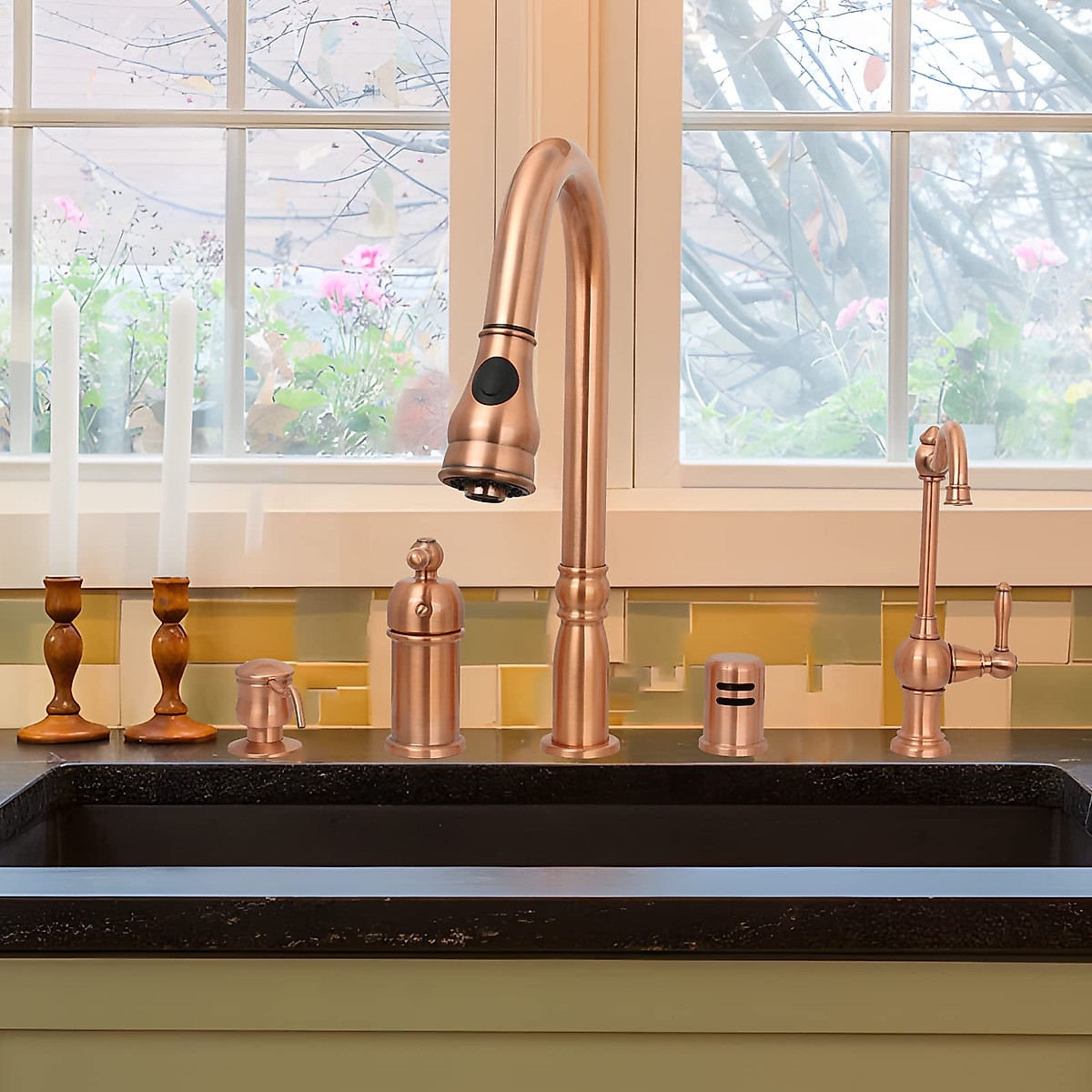 Copper Kitchen Faucet with in-Deck Handle and Soap Dispenser, Single Handle Solid Brass High Arc Pull Down Sprayer Head Kitchen Sink Faucet OH97918