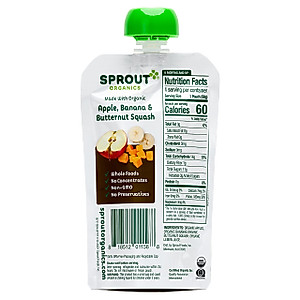 Sprout Organic Baby Food Pouches Stage 2, Organic Veggie and Fruit, Apple Banana Butternut Squash, 3.5 Ounce