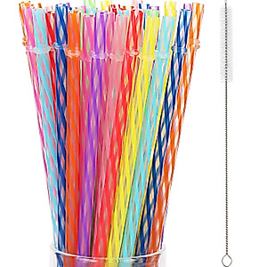 Jovitec 50 Pieces Reusable Drinking Straw Thick Plastic Straws with Cleaning Brush Straw Cleaner (11 Inch, Multi Color 2)