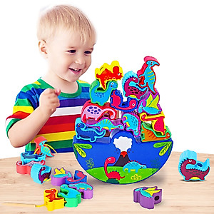Wooden Stacking Dinosaur Toys for Kids 3-5 - Dino Lacing Beads for Toddlers 1-3 - STEM Building Blocks Montessori Toys for 2 3 4 5 6 7 Year Old Boys Girls Gifts Toddler Activities Games Ages 2-4