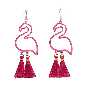 HSWE Flamingo Drop Earrings Tassel Dangle Earrings Thread Earrings Hawaiian Summer Jewelry (Rose Red)