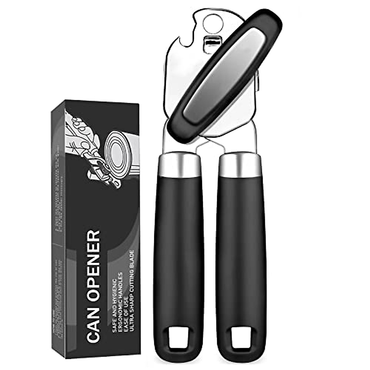 MGKO Can Opener Manual Heavy Duty Hand Can Opener With Comfortable Grip, Sharp Cutting Wheel Can Openers Smooth Edge, Multifunction Bottle Opener, Black