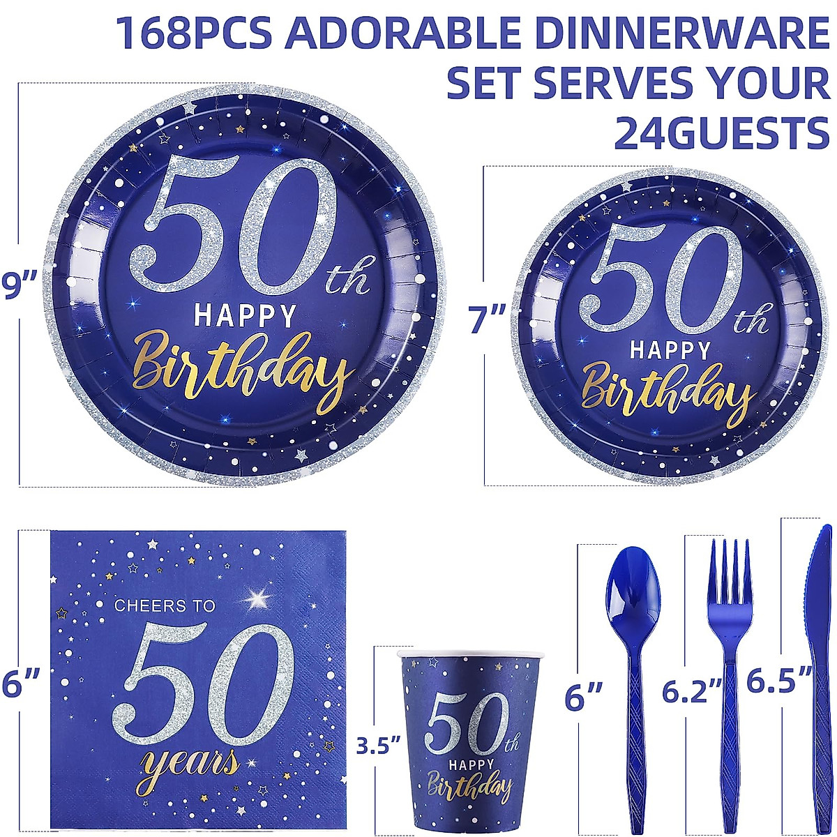 50th Birthday Party Supplies Disposable Paper Plates Napkins Cups Knives Spoons Forks for Men women Navy Blue 50 Birthday Party Decorations, Total 168pcs,Serve 24