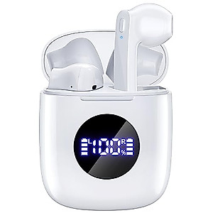 Bluetooth Headphones V5.3 Wireless Earbuds 50Hrs Battery Life with Wireless Charging Case & LED Power Display Deep Bass IPX7 Waterproof Earphones Microphone Stereo Headset for TV Smart Phone white