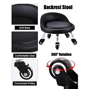 Lanstics Low Roller Seat Stools on Wheels Chair Leather Cushion Roller Seats with Back Rest Small 360 Rotating Rolling Stool Seats for Home Office Fitness Round Rolling Seat (Black)