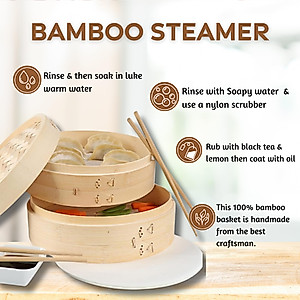 Misha's Homely Finds Bamboo steamer basket 2 tier 10 inch, 50 reusable paper liners, 2 pairs chopsticks, 1 ceramic sauce dish natural homemade food basket